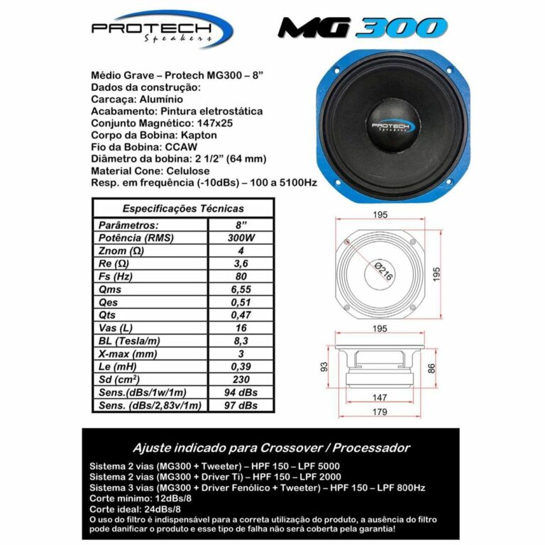 Alto Falante Médio Protech MG 300 rms 8 Polegadas | Som Automotivo BR