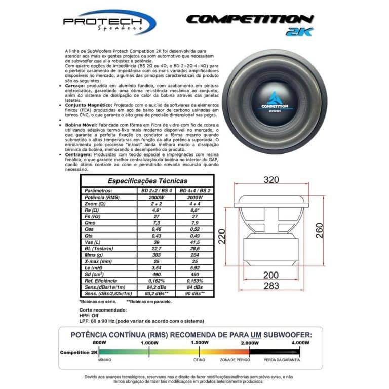 Alto Falante Subwoofer Protech Competition 2K 2000 rms 12''