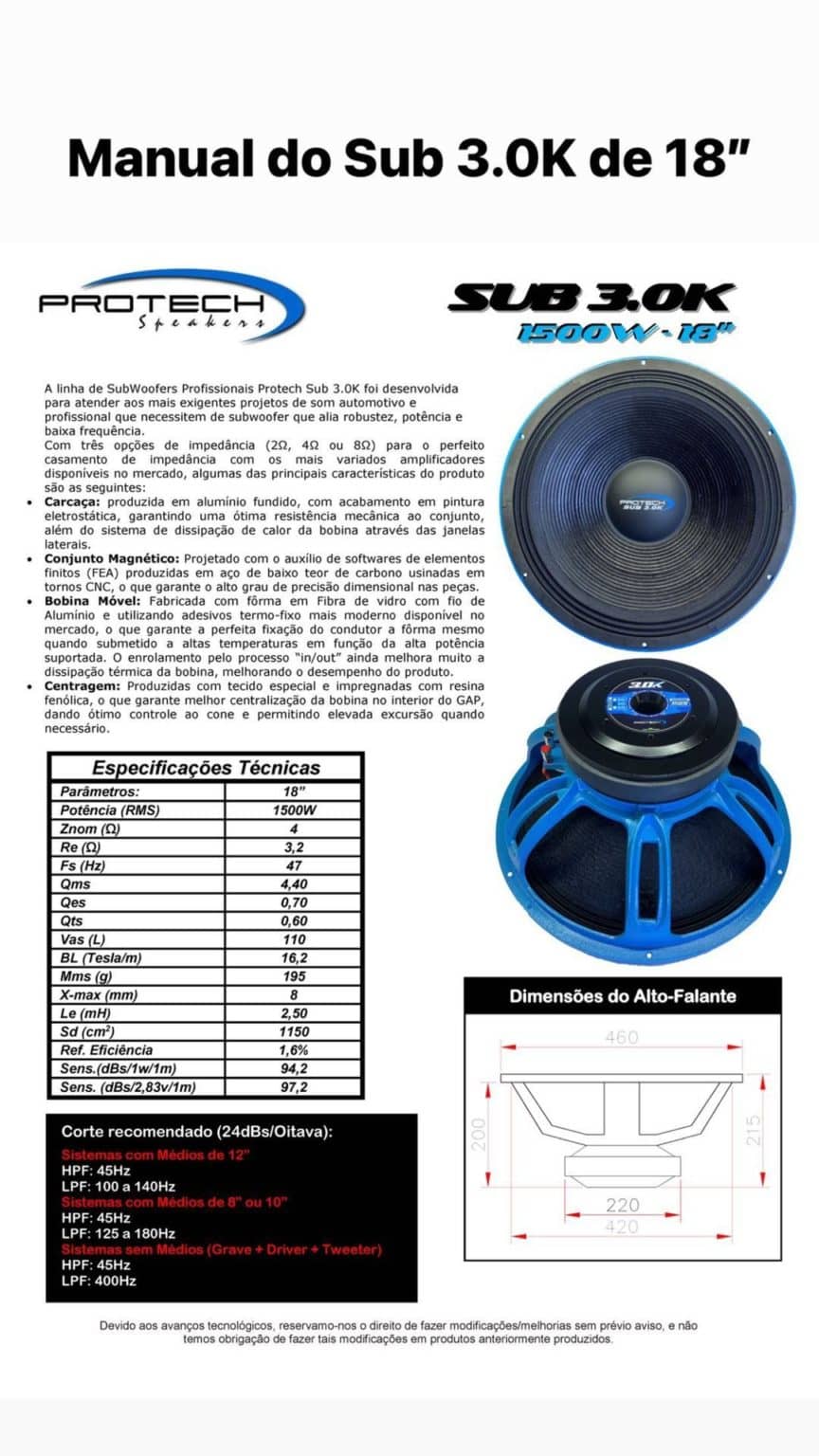 Alto Falante Woofer Protech SUB 3.0K 1500 rms 18 Polegadas